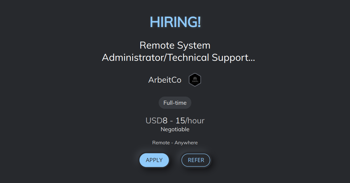 Remote System Administrator/Technical Support Specialist at ArbeitCo ...