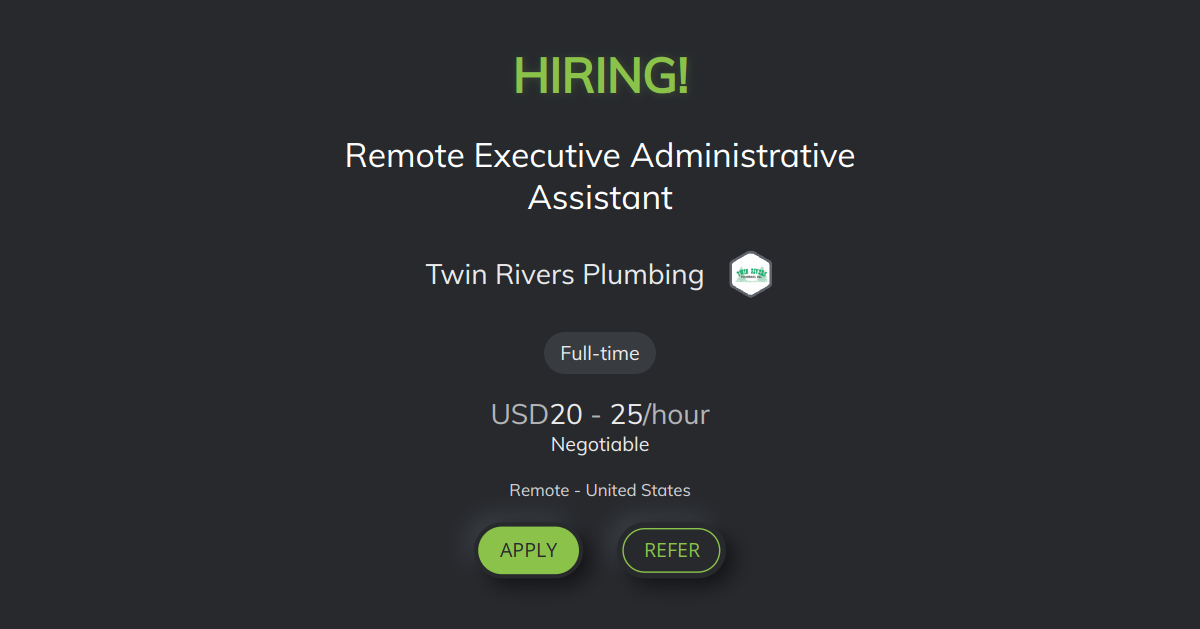 Remote Executive Administrative Assistant at Twin Rivers Plumbing | Torre