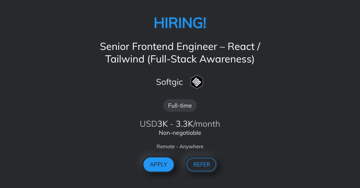 Senior Frontend Engineer – React / Tailwind (Full-Stack Awareness) at Softgic | Torre