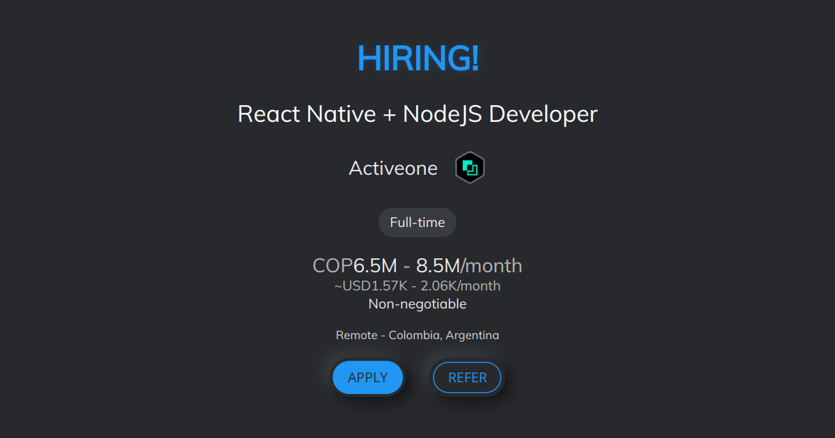 React Native + NodeJS Developer at Activeone | Torre React Native + NodeJS Developer at Activeone | Torre