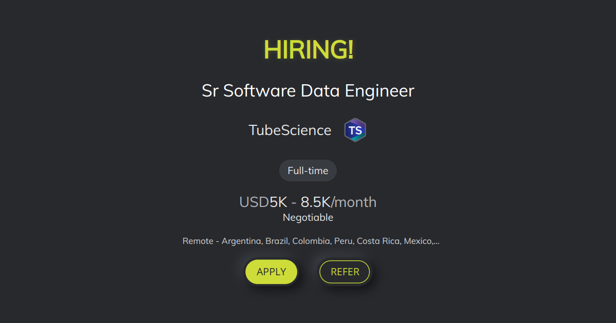 Sr Software Data Engineer at TubeScience | Torre