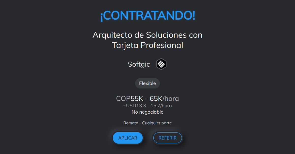 Arquitecto de Soluciones con Tarjeta Profesional en Softgic | Torre