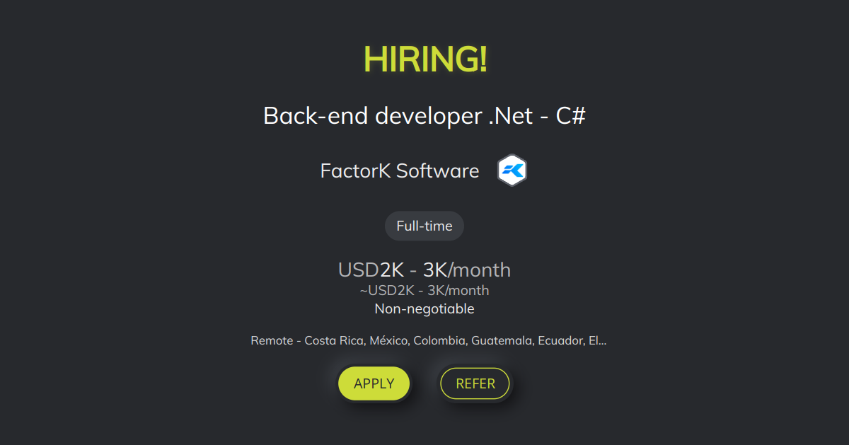 Back-end developer .Net - C# at FactorK Software | Torre