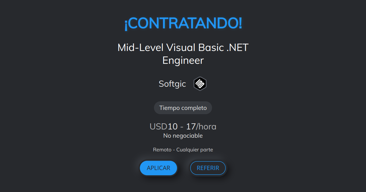 Mid-Level Visual Basic .NET Engineer en Softgic | Torre