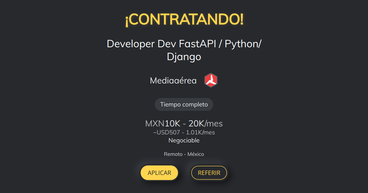 Developer Dev FastAPI / Python/ Django en Mediaaérea | Torre
