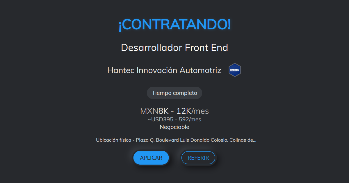 Desarrollador Front End en Hantec Innovación Automotriz | Torre