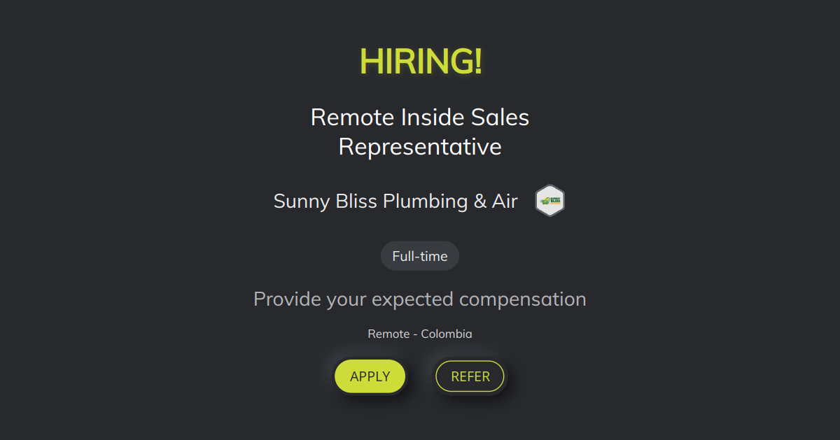 Remote Inside Sales Representative at Sunny Bliss Plumbing & Air | Torre