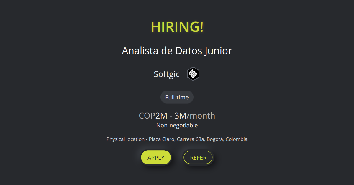 Analista de Datos Junior at Softgic | Torre