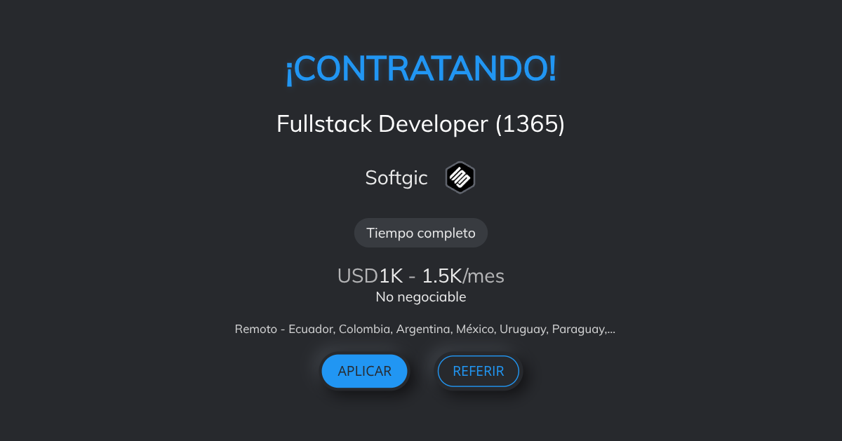 Fullstack Developer (1365) en Softgic | Torre