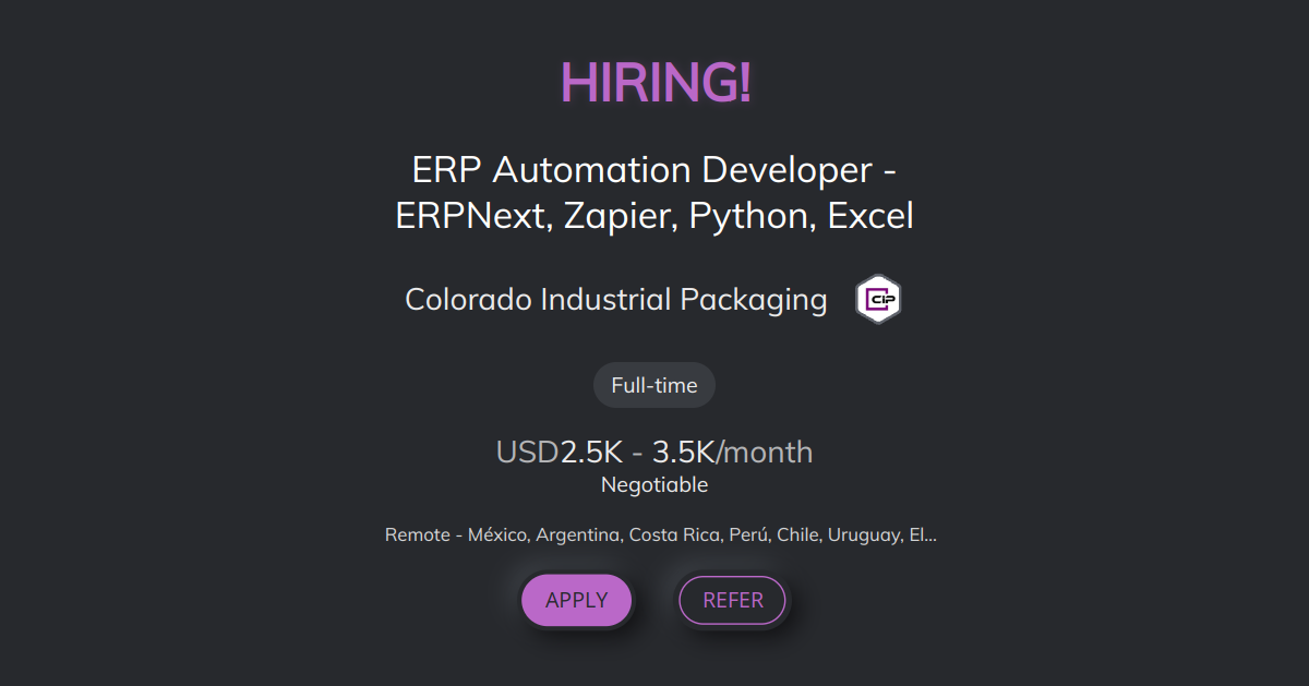 ERP Automation Developer - ERPNext, Zapier, Python, Excel at Colorado Industrial Packaging | Torre