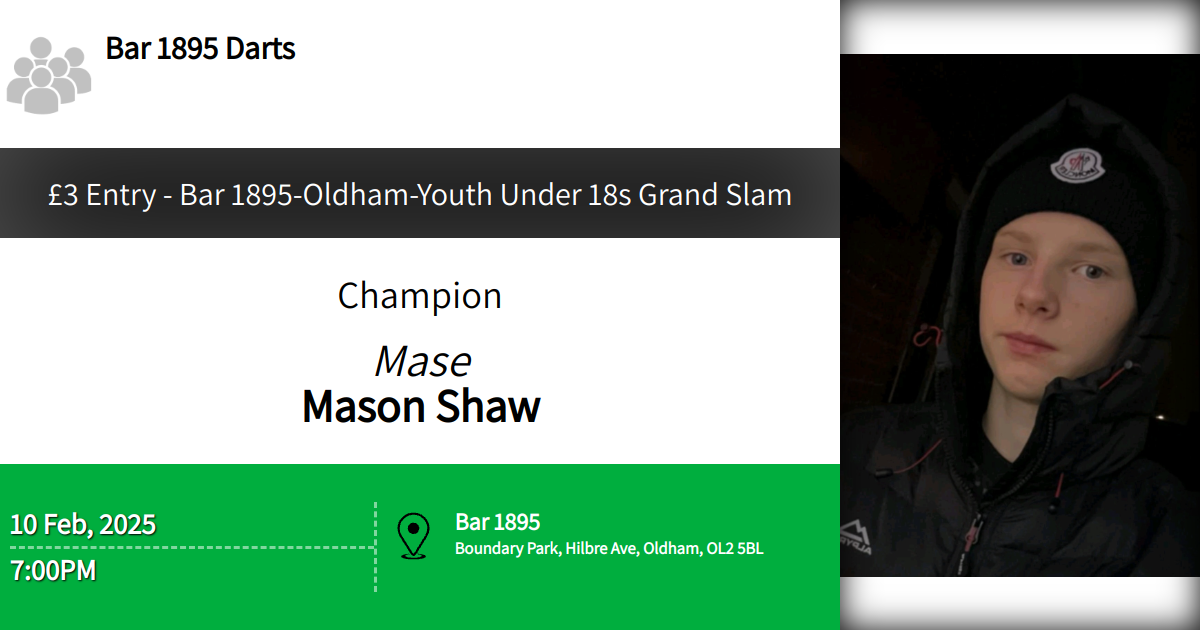 £3 Entry - Bar 1895-Oldham-Youth Under 18s Grand Slam