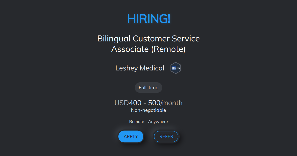 Bilingual Customer Service Associate (Remote) at Leshey Medical | Torre