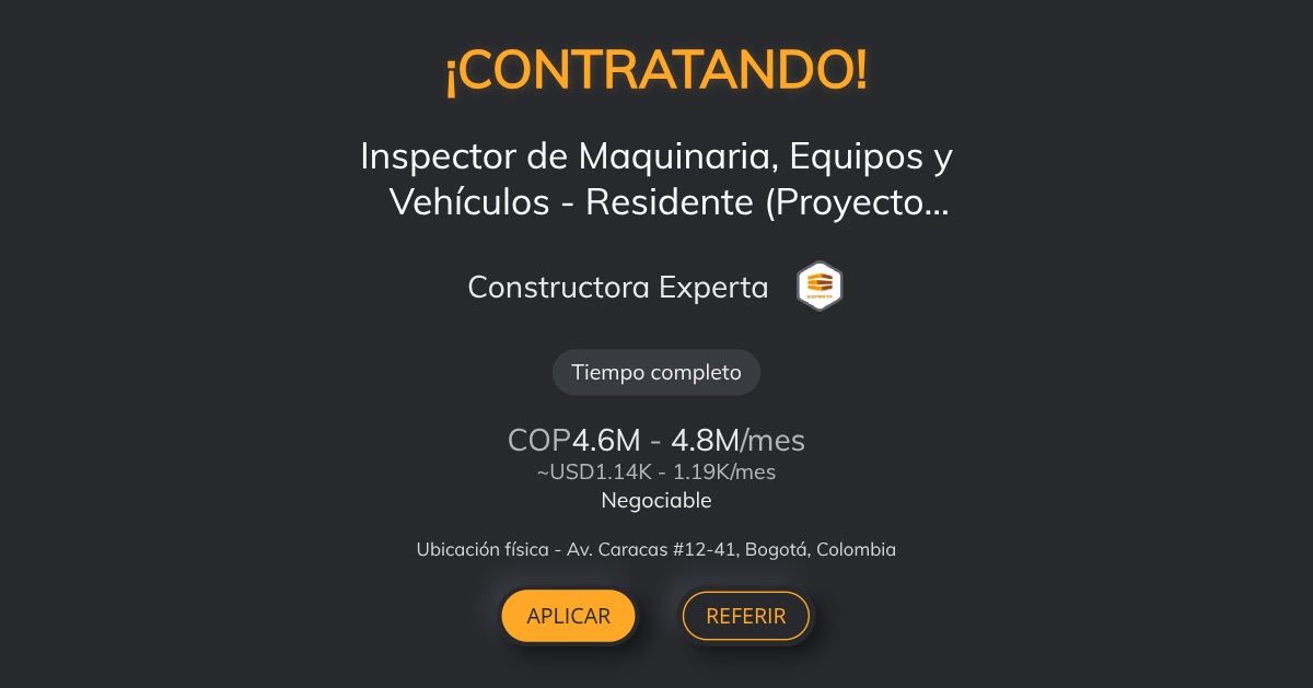 Inspector de Maquinaria, Equipos y Vehículos - Residente (Proyecto Metro de Bogotá) en ...