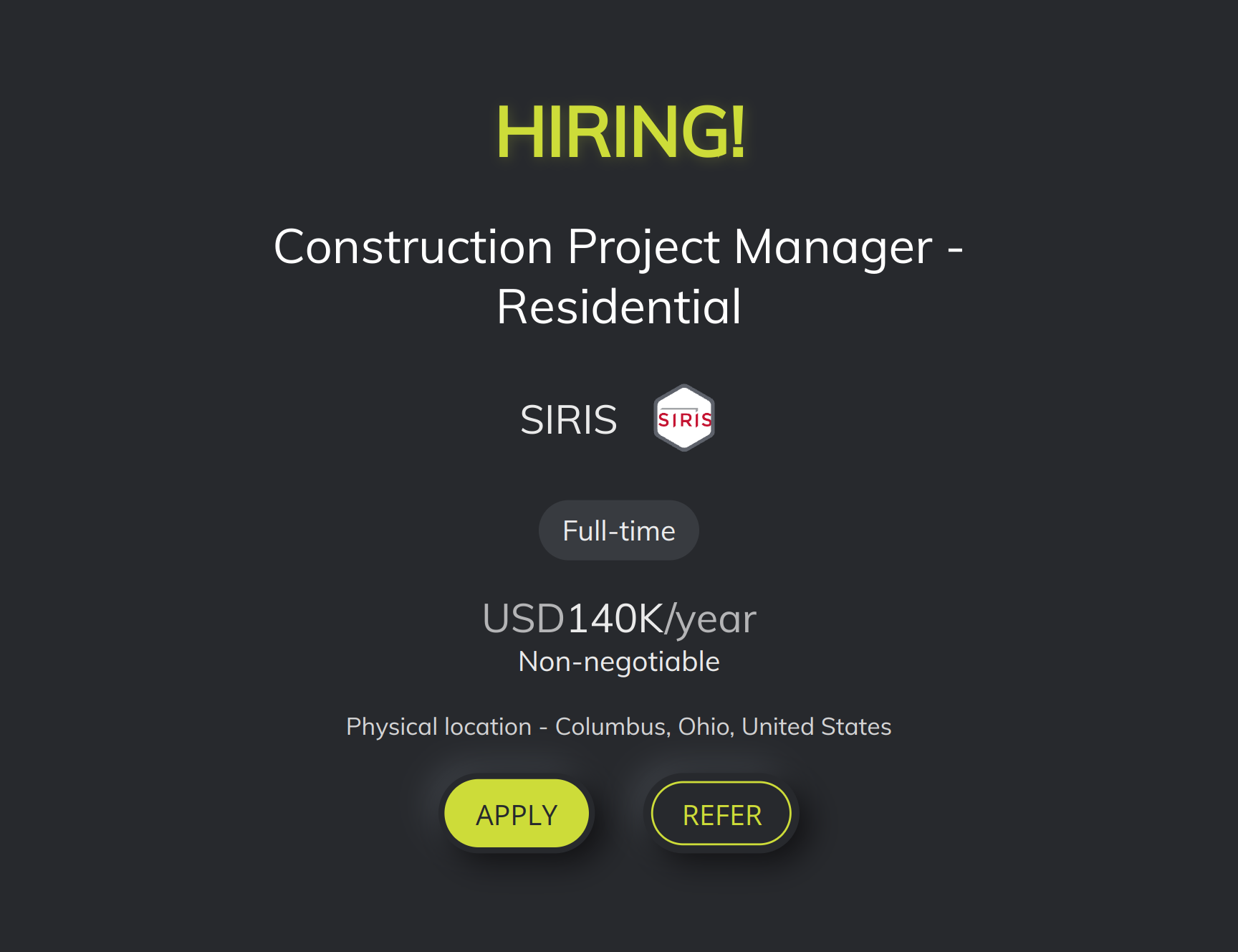 Construction Project Manager - Residential at SIRIS | Torre