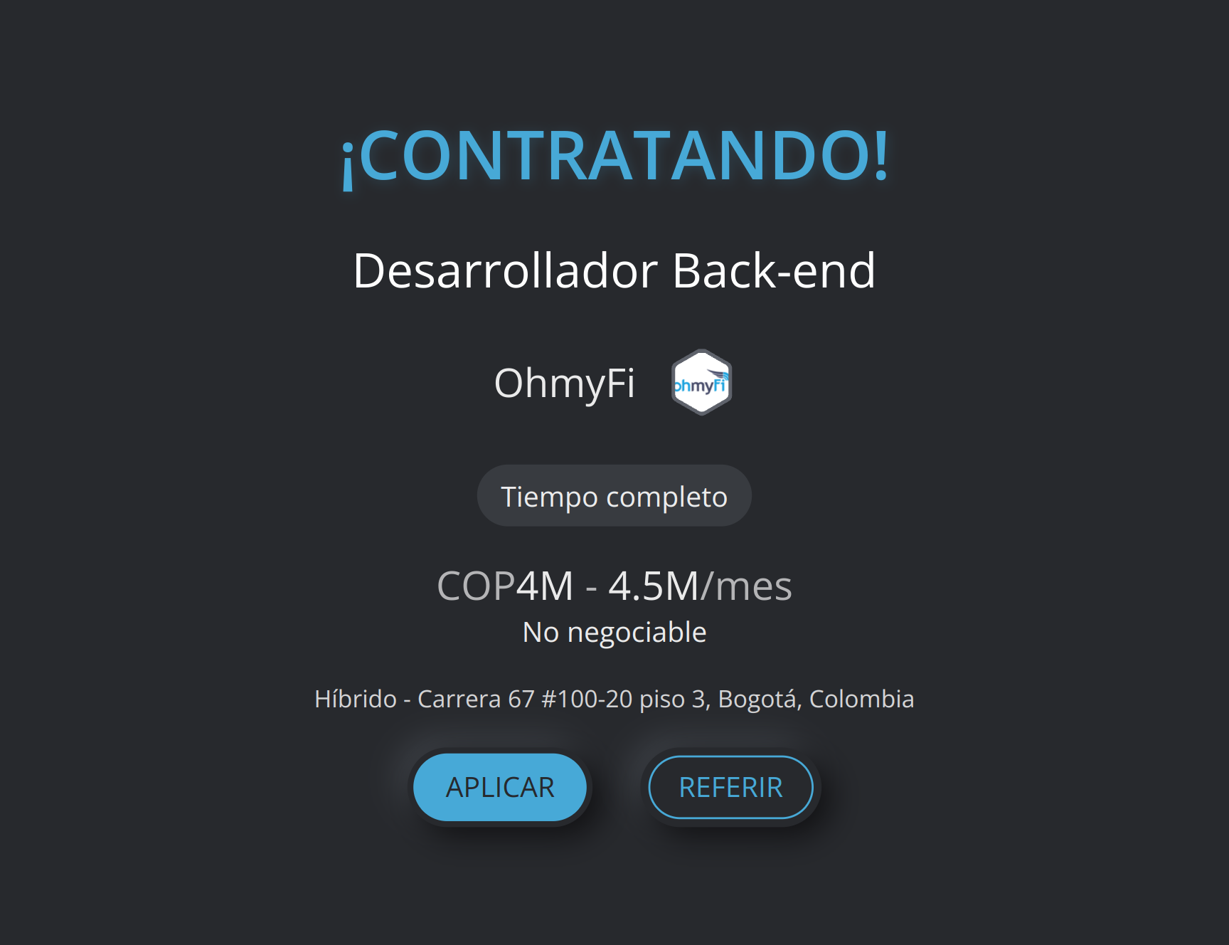 Desarrollador Back-end en OhmyFi | Torre