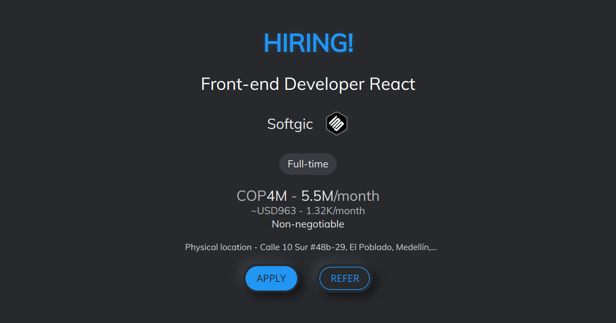 Front-end Developer React at Softgic | Torre