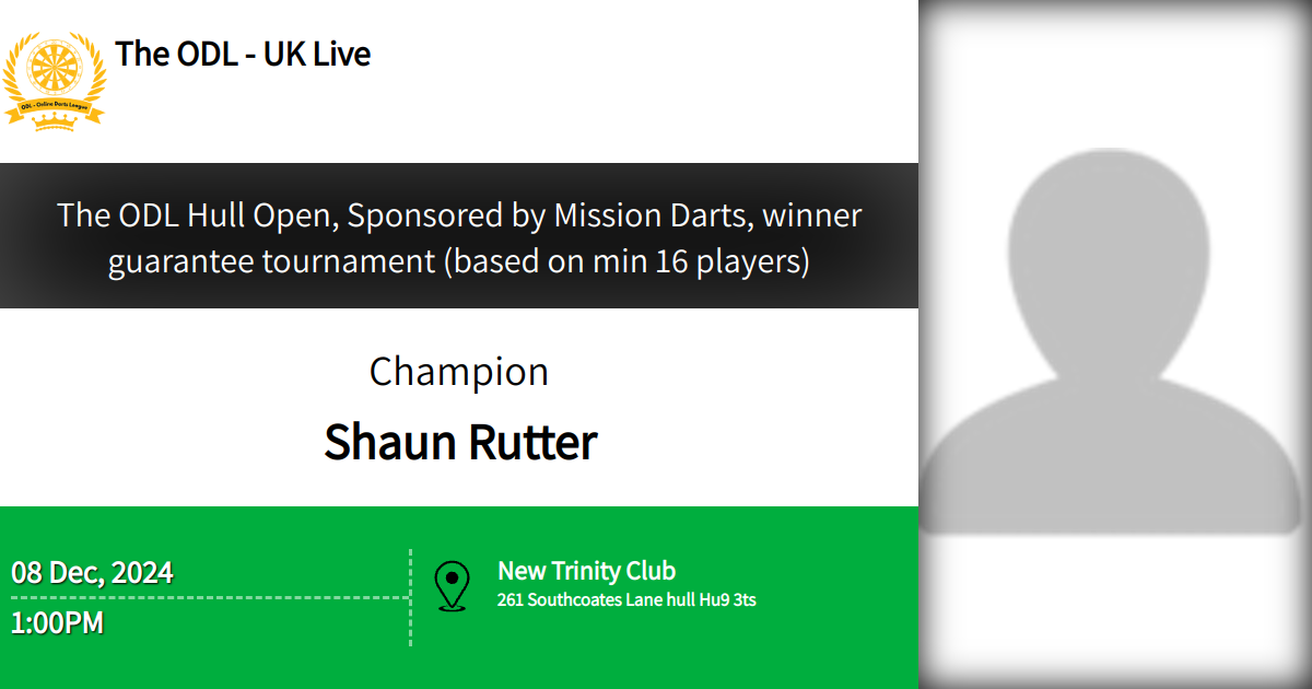 The ODL Hull Open, Sponsored by Mission Darts, winner guarantee ...