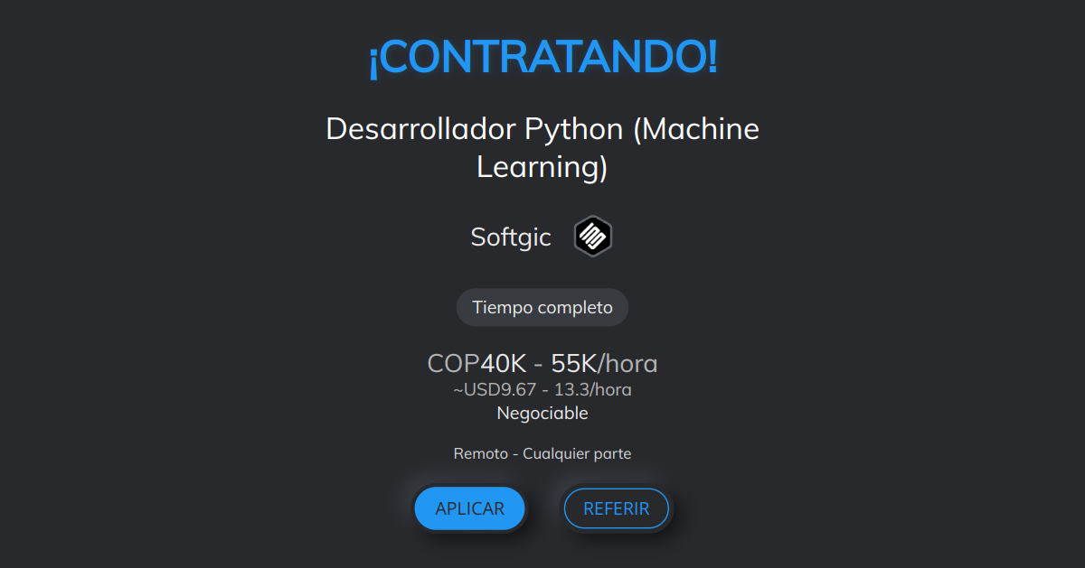 Desarrollador Python (Machine Learning) en Softgic | Torre Desarrollador Python (Machine Learning) en Softgic | Torre