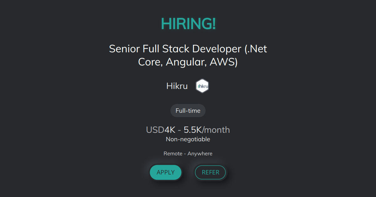 Senior Full Stack Developer (.Net Core, Angular, AWS) at Hikru | Torre