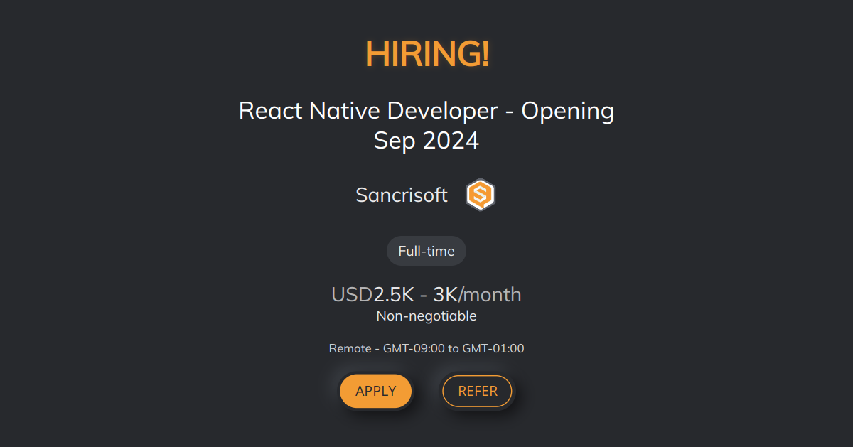React Native Developer - Opening Sep 2024 at Sancrisoft | Torre
