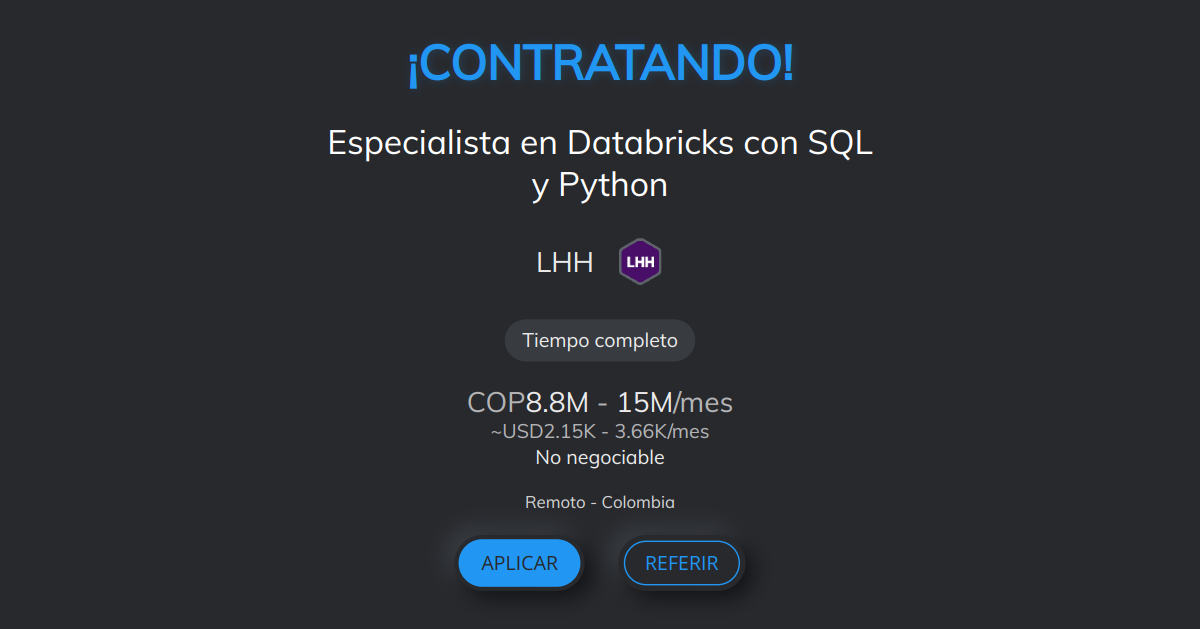 Especialista en Databricks con SQL y Python en LHH | Torre