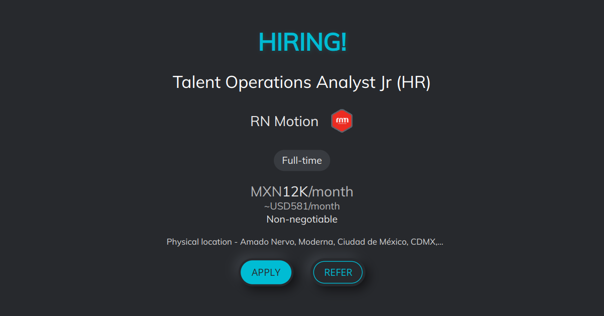 Talent Operations Analyst Jr (HR) at RN Motion | Torre