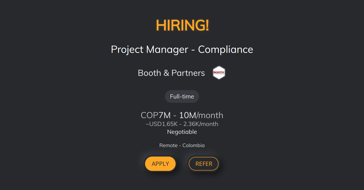 Project Manager - Compliance at Booth & Partners | Torre