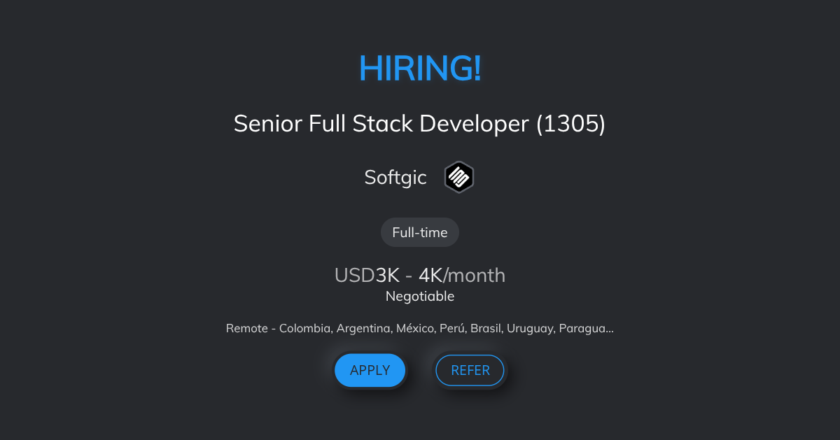 Senior Full Stack Developer (1305) at Softgic | Torre
