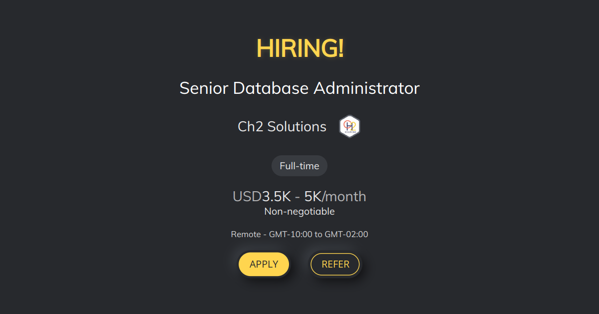 Senior Database Administrator at Ch2 Solutions | Torre