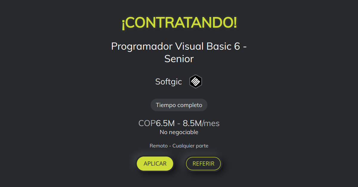 Programador Visual Basic 6 - Senior en Softgic | Torre