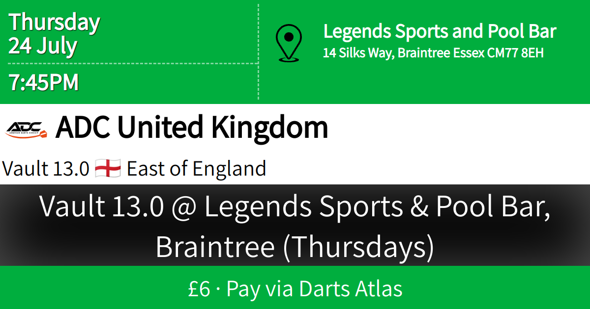 Vault 13.0 @ Legends Sports & Pool Bar, Braintree (Thursdays)