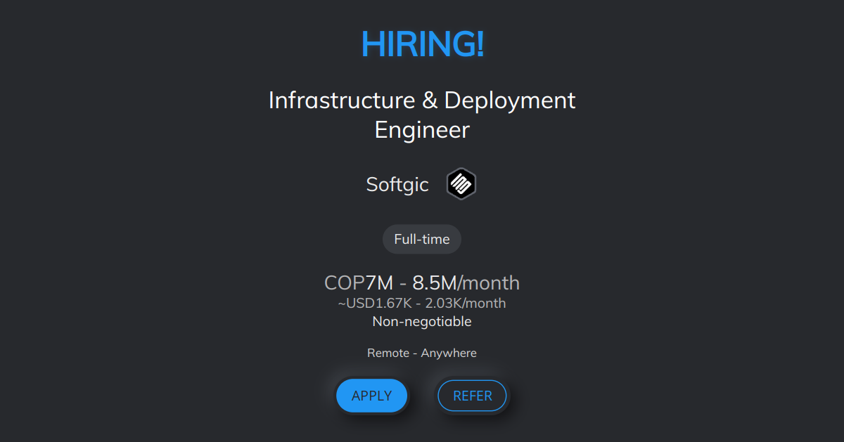 Infrastructure & Deployment Engineer at Softgic | Torre