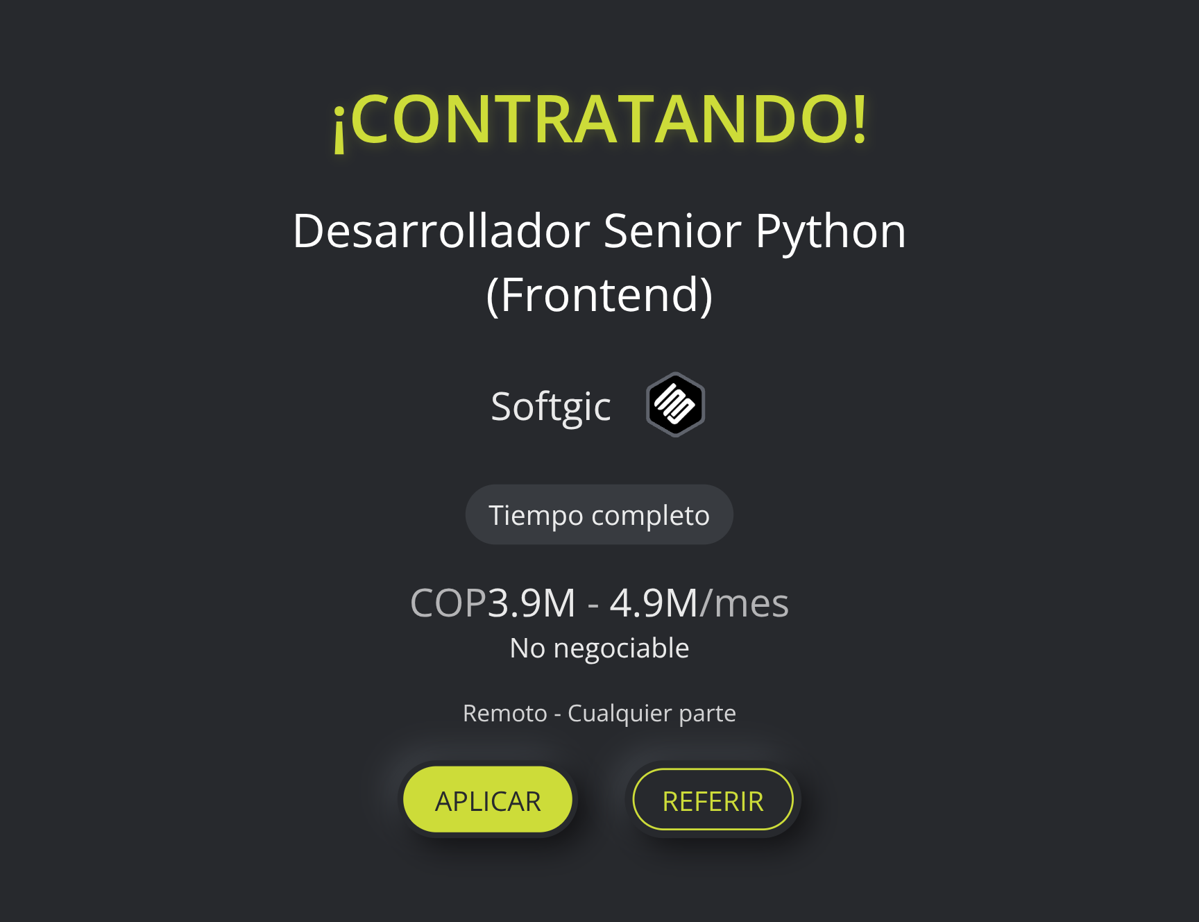 Desarrollador Senior Python (Frontend) en Softgic | Torre